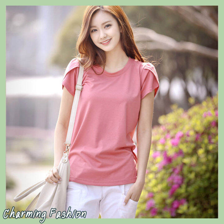 Charming เสื้อแฟชั่นเกาหลี แขนสั้นไขว้ ผ้าเนื้อดี สวยเก๋เป๊ะปังมาก รุ่น C545 | Lazada.co.th