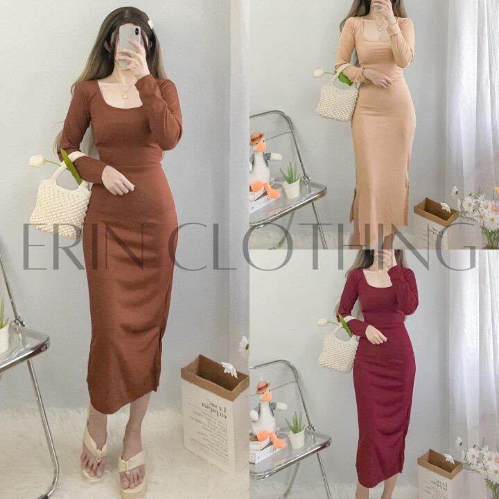 ERIN BASICS CLARISSA Square-neck Long Sleeve Midi Dress w/ Side Slit ...