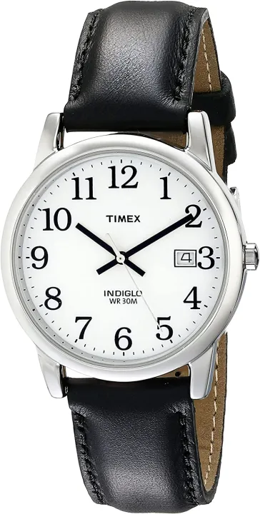 Timex Men's Easy Reader Date Leather Strap Watch Black/Silver-Tone ...