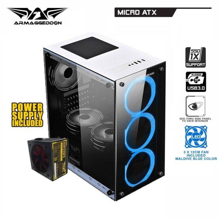 Armaggeddon Nimitz TR1100 (white) mATX Tempered Glass Voltron 235FX PSU ...