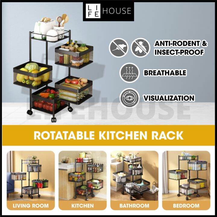Rotatable Kitchen Trolley Rack (2-5 Levels) Stainless Steel Rak Dapur ...