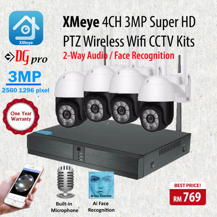 XMeye 4CH 3MP Super HD PTZ Pan Tilt 360 Rotation Weatherproof Wireless WIFI IP CCTV Camera Kits ...