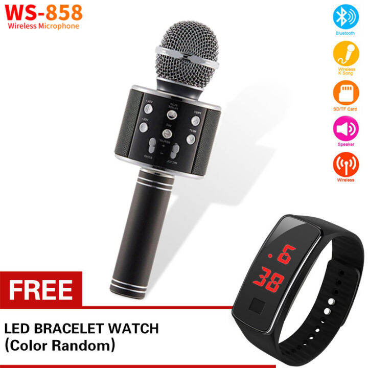 Microphone(Black)WS858 Wireless KTV Karaoke Bluetooth Handheld Mic HIFI Speaker With Free LED ...