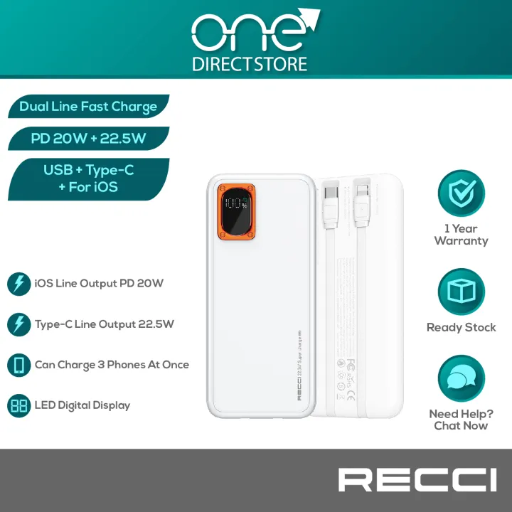 RECCI RPB_P28 22.5W + PD 20W Power Bank 10000mAh (Built-In Type-C + Lightning Cable) | Lazada