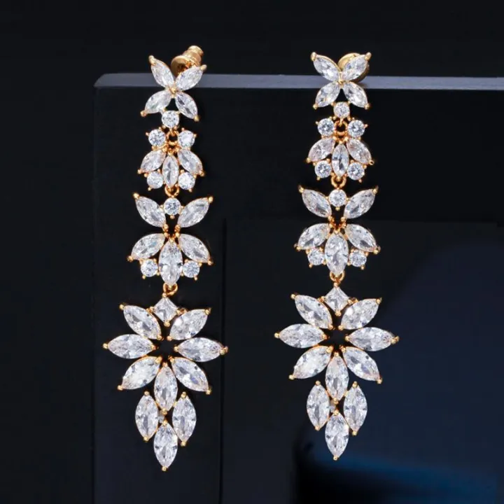 CWWZircons เซอร์โคเนียลูกบาศก์แฟชั่นยาว Dangling Leaf ต่างหูรูปหยดน้ำสำหรับผู้หญิงเจ้าสาวในการ ...