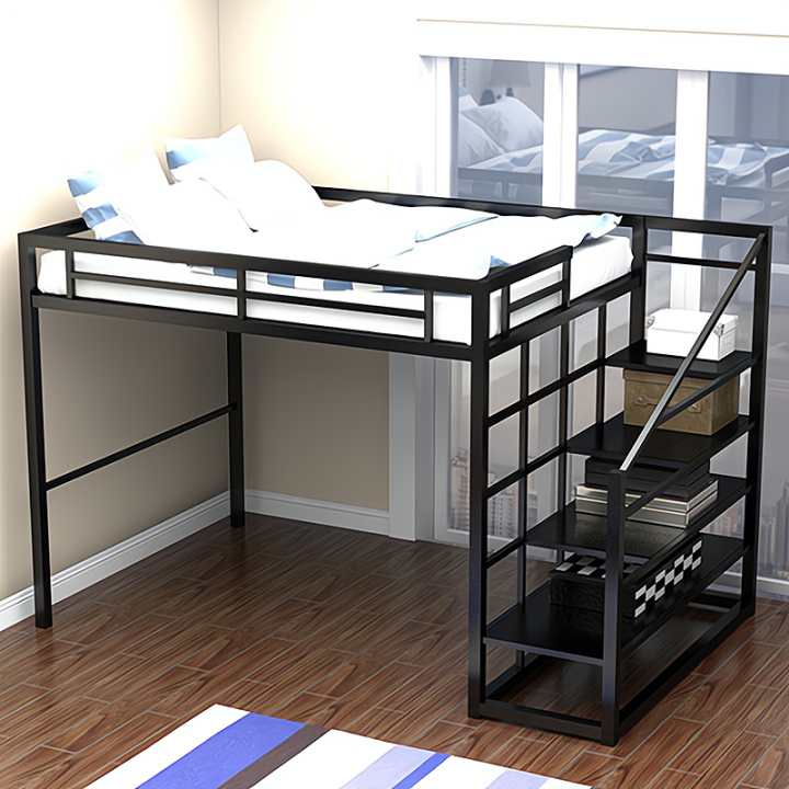 Single-upper loft elevated bed Small apartment with empty iron bed and ...
