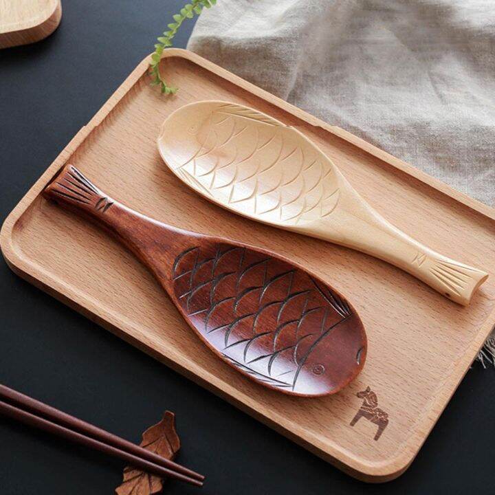 Wooden Fish Shaped Large Spoon Long handle Wood Rice Meal Spoon Non ...