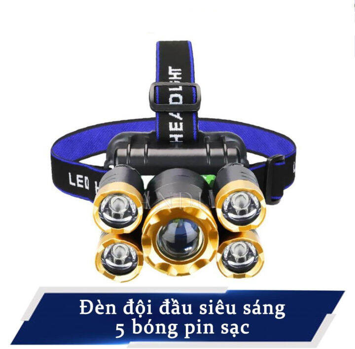 Đèn pin sạc, đèn pin đeo đầu 5 pha led, đèn pin chống nước 5 bóng led ...