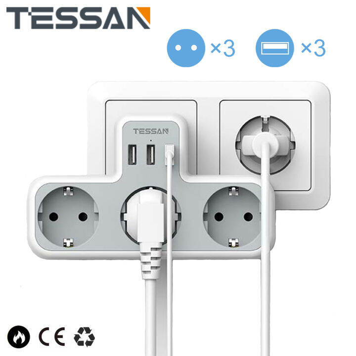 TESSAN Multiple Wall Socket with 3 AC Outlets & 3 USB Ports, 6 in 1 USB ...