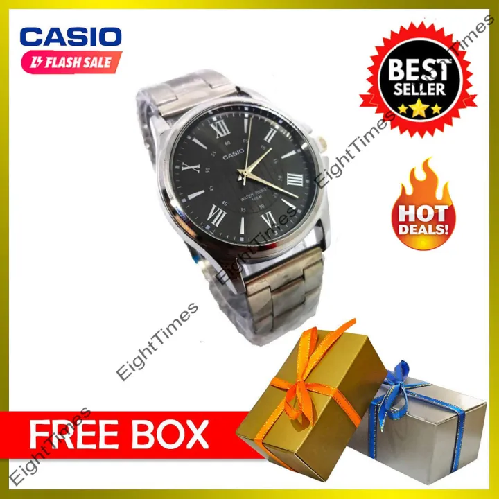 Casio Roman Numeral Black Dial Stainless Steel Watch For Men(Silver ...