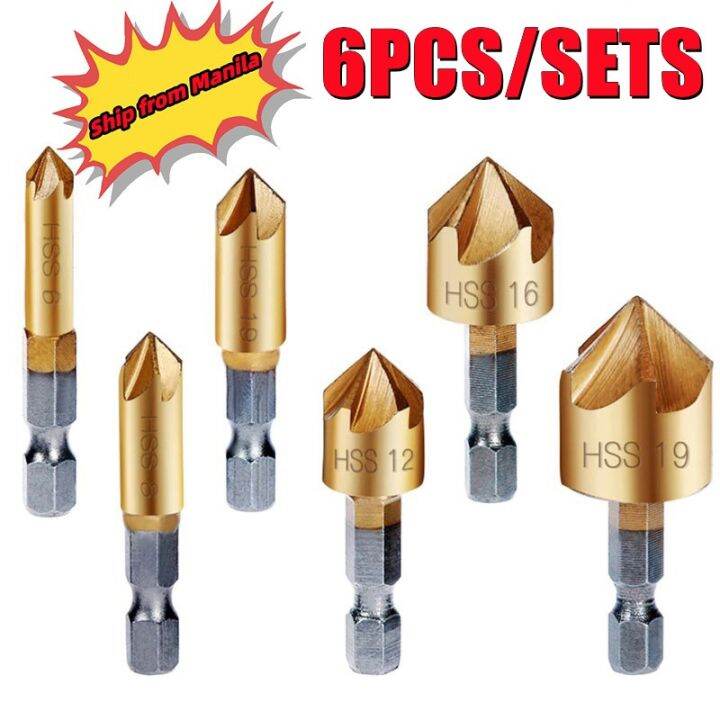 6pcs 5 Flute Countersink Drill Bits Set Counter Sink Chamfer Cutter 1/4 ...