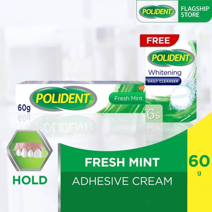 Polident Fresh Mint Adhesive 60g w/ FREE Polident Whitening Denture ...