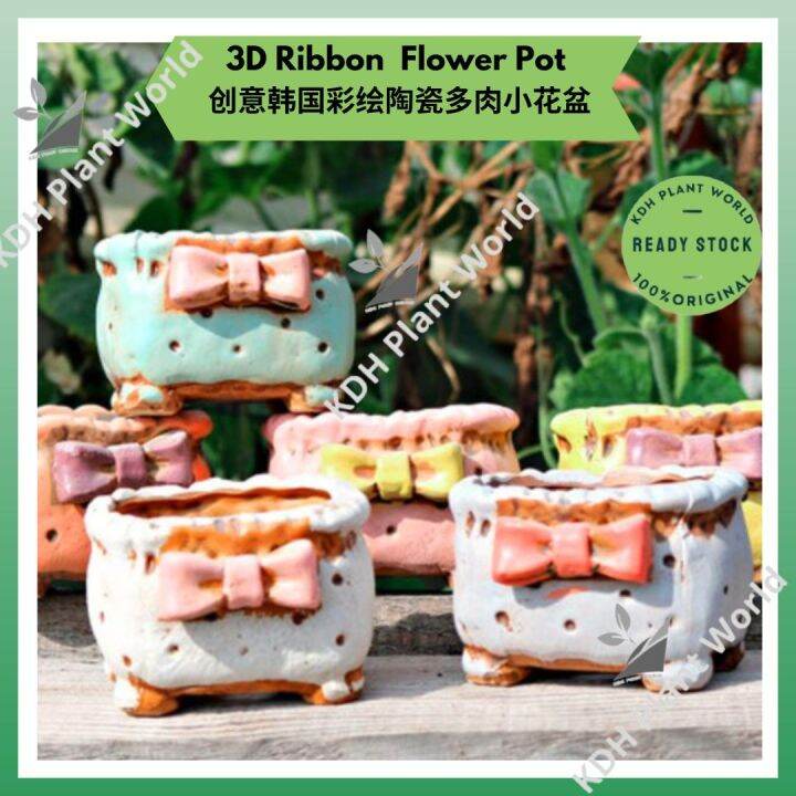 KDH Ready Stock Cute Ribbon Flower Succulent Cactus Pot Pasu Bunga ...