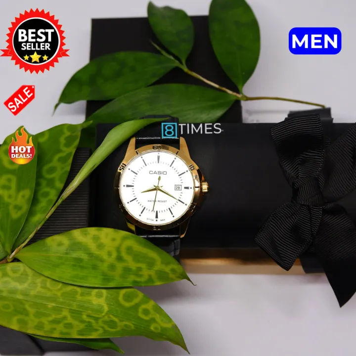 Casio Black Gold White Dial With Date Water Resist Leather Strap Watch ...