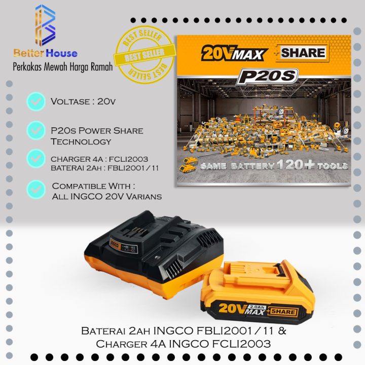 INGCO CORDLESS BATERAI 2AH FBLI2001/11 CHARGER 4A FCLI2003 | Lazada ...