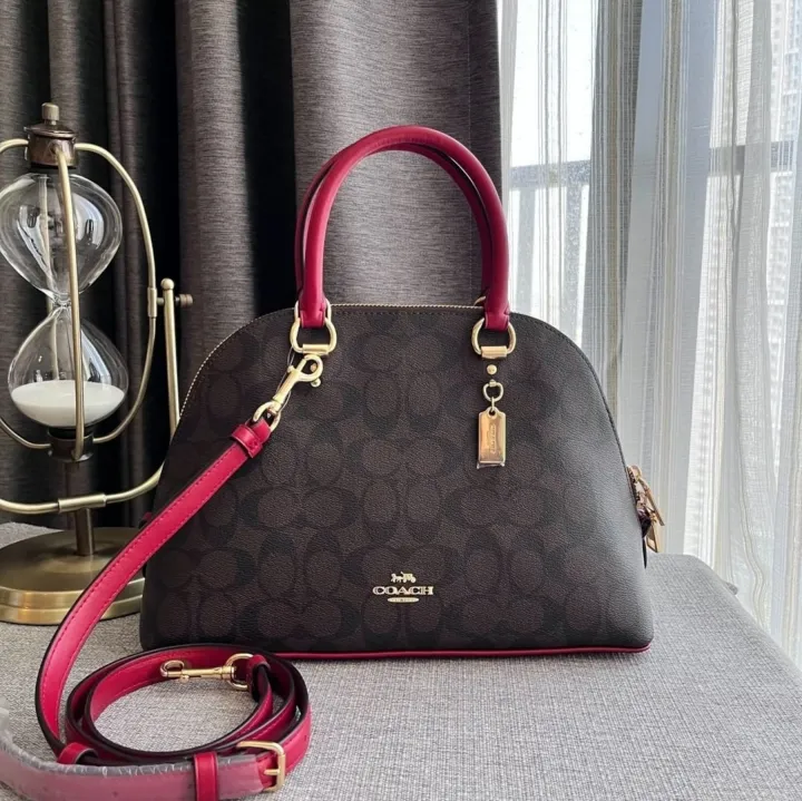 Coach 2558 Katy Satchel in Brown Signature Coated Canvas and Red Smooth ...