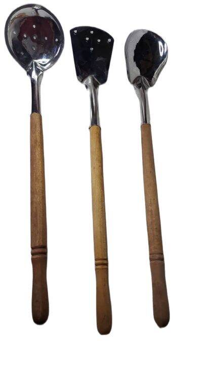 HEAVY DUTY STAINLESS WOOD HANDLE EXTRA LARGE SANDOK AT SIANSE 3PCS ...