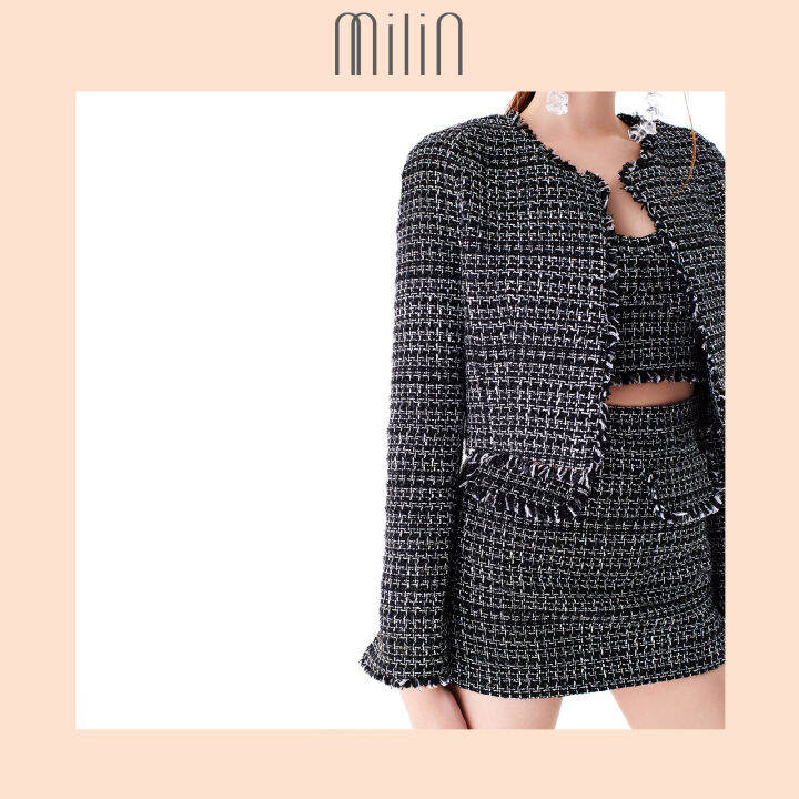 [MILIN] Collarless padded shoulder with frayed edge tweed cropped jacket เสื้อแจ็คเก็ต ทรงครอป ...