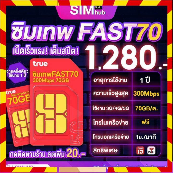 ซิมเทพ Fast 70 ( ชุด5 ) เน็ตแรงเต็มสปีด 300Mbps ไม่อั้น ในเครือข่ายทรู 70GB/เดือน TRUEWIFI TRUE ...
