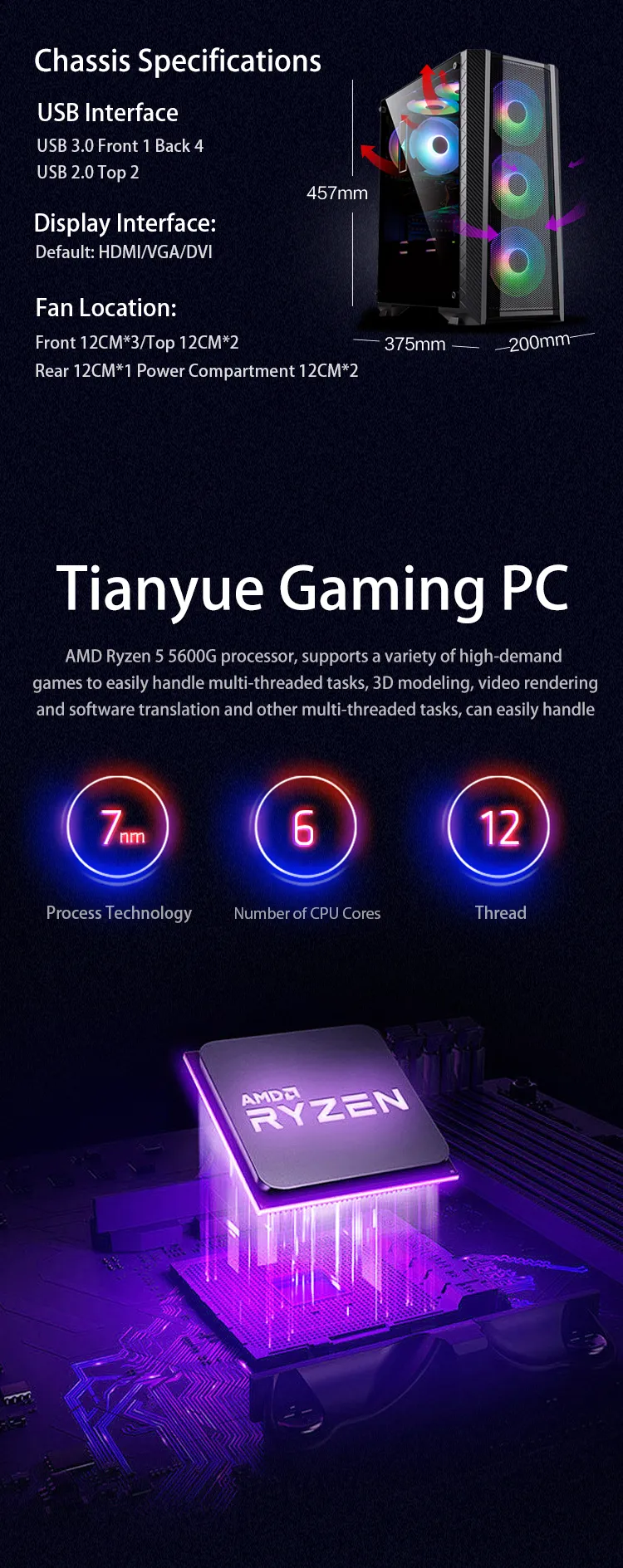 IPASON Desktop Computer Set Gaming PC Ryzen 5 5600G 6 Core 8GB & 16G ...