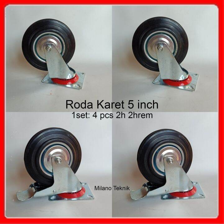 Roda Troli 5 1Set (2hidup+2hrem) Roda Karet / Roda Troly / Roda Etalase ...
