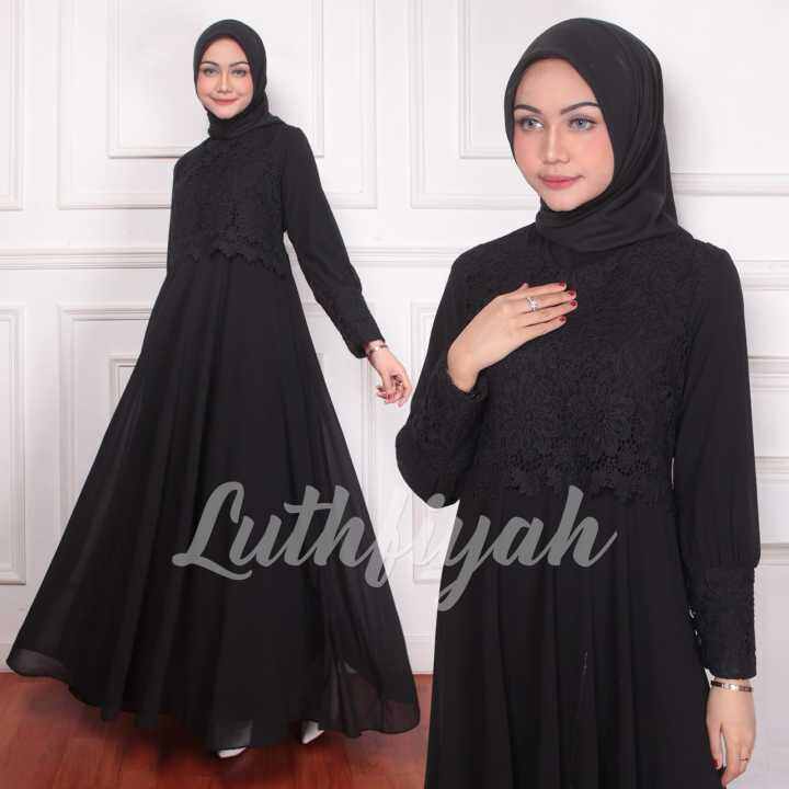 GAMIS HITAM LC MODEL PAYUNG KOMBINASI BRUKAT CANTIK TERBARU POLOS ...