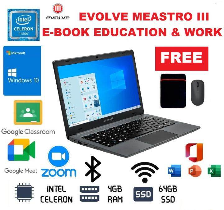 E-BOOK LAPTOP EVOLVE III MAESTRO INTEL CERLERO / 4GB RAM DDR4 / 64GB EMMC STORAGE / WINDOWS 10 ...