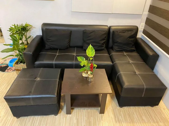 SALA SET L SHAPE LEATHER WITH CENTER TABLE URATEX FOAM / CASH ON ...