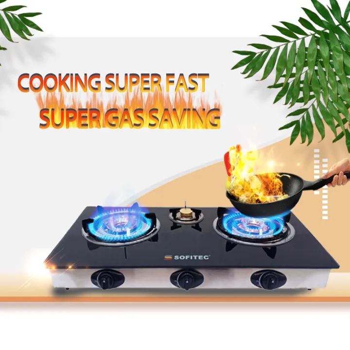SOFITEC gas stove three burners explosion-proof glass panel with pulse ...