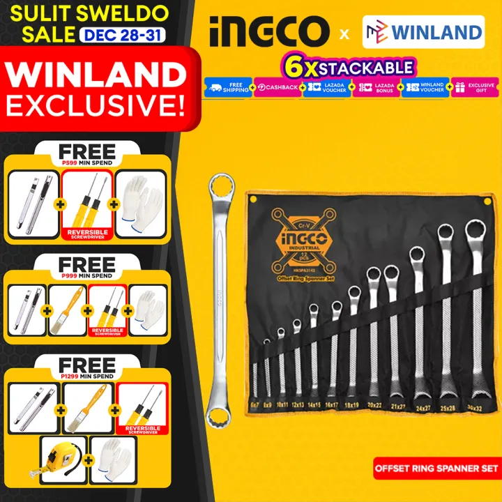 INGCO by Winland Industrial 12pcs Offset Ring Spanner Set 6-32mm HKSPA3142 | Lazada PH