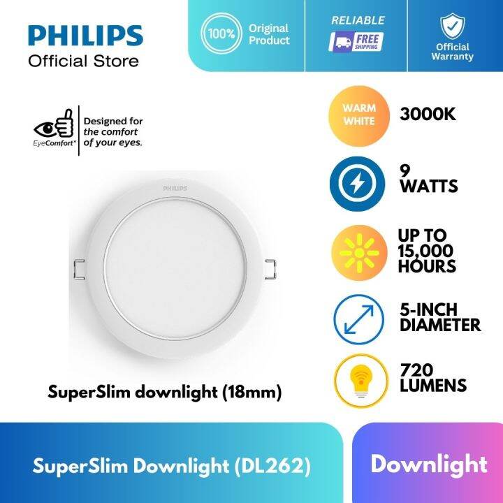 Philips Super Slim LED Downlight (DL262) 9 Watts Warm White 5-Inch Cut-Out Diameter Energy ...