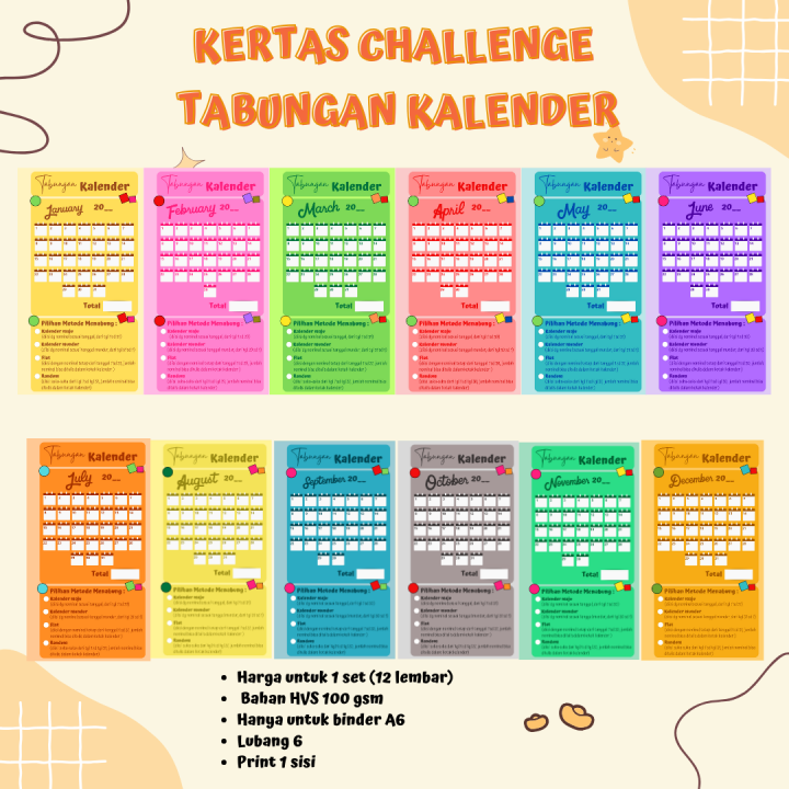 (Isi 12) Kertas Saving Challenge Tabungan Kalender Ukuran A6/ Kertas ...