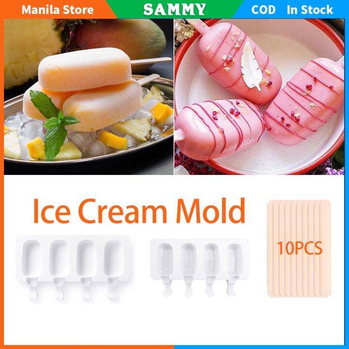 Ice Cream Mold 4 Cell Silicone Freezer Fruit Juice Ice Pop Cube Maker ...
