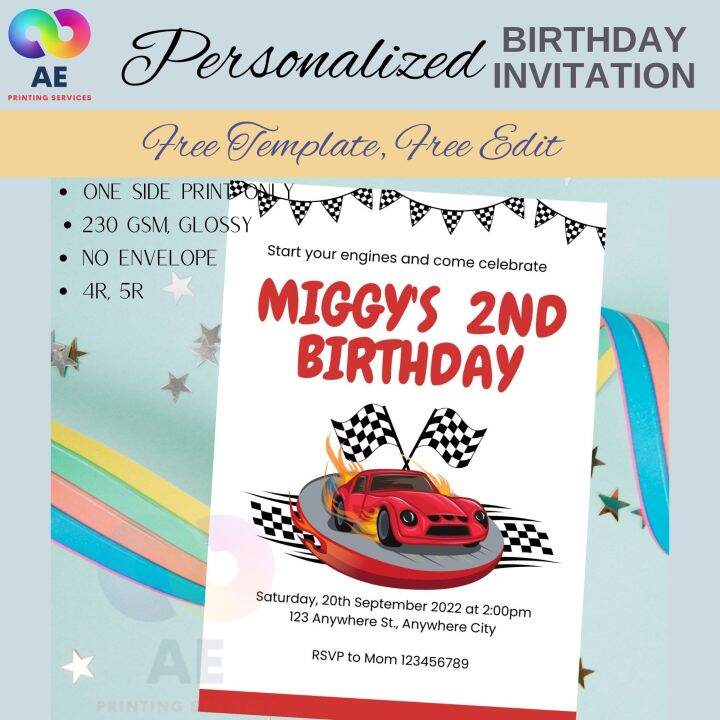 Red and Black Car Themed Children's Birthday Party Invitation Card (5R ...