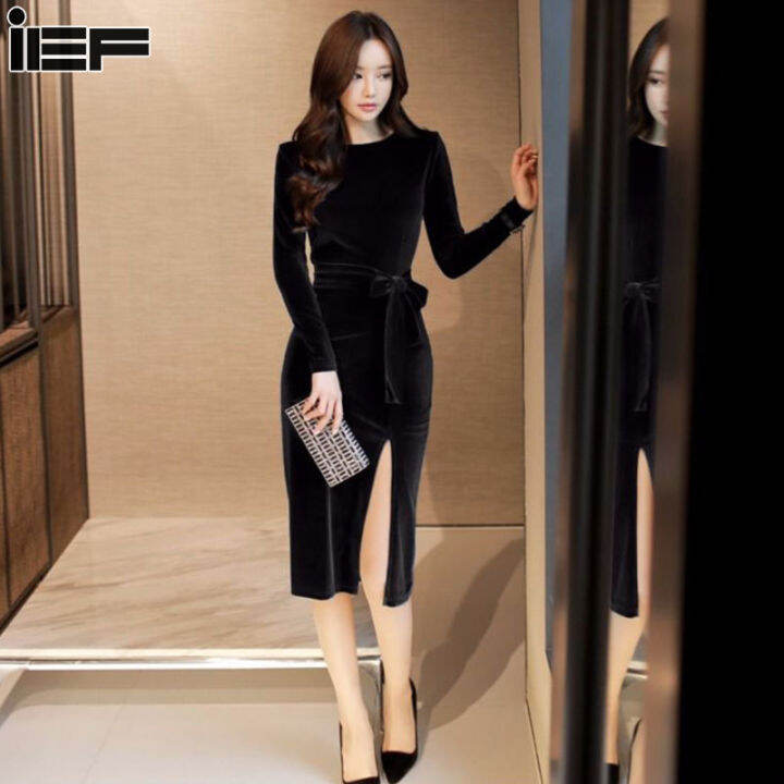 IEF 2022ชุดกำมะหยี่สีทองผู้หญิงแขนยาวเอวสูงเซ็กซี่กลางความยาว Slit กระเป๋าสะโพกกระโปรง | Lazada ...