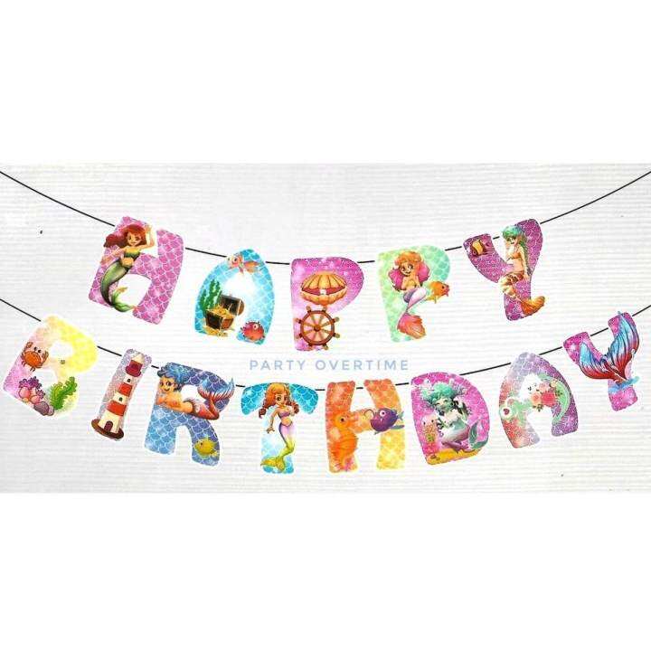 Mermaid design Happy Birthday Banner Banderitas Flag Party Decoration ...