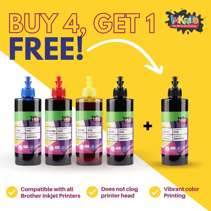 [BUY 4 GET 1 FREE] Inkrite Ink for Brother Inkjet Printers, 250 ml ...