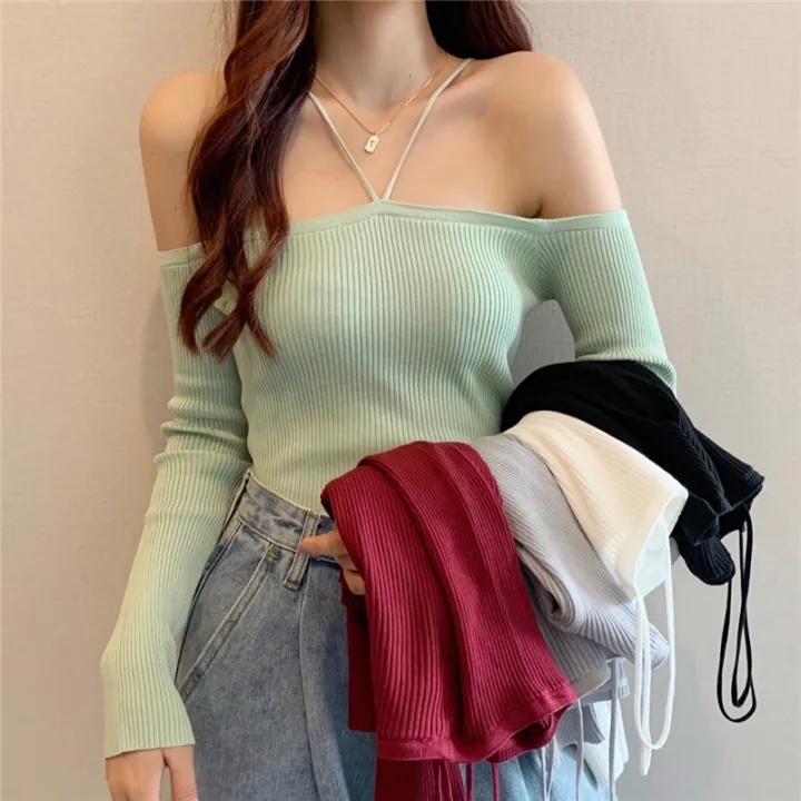 Zuoan เสื้อครอปแขนยาวเปิดไหล่ข้างเดียวเซ็กซี่สําหรับผู้หญิง | Lazada.co.th