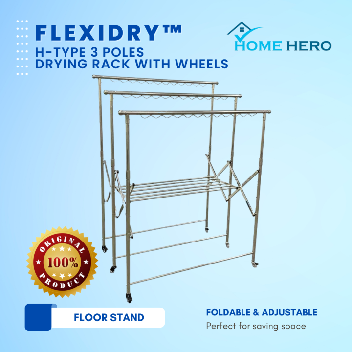 SAMPAYAN XPRESS FlexiDry™ H-Type 3 Poles Stainless Steel Movable Drying Rack with Wheels Heavy ...
