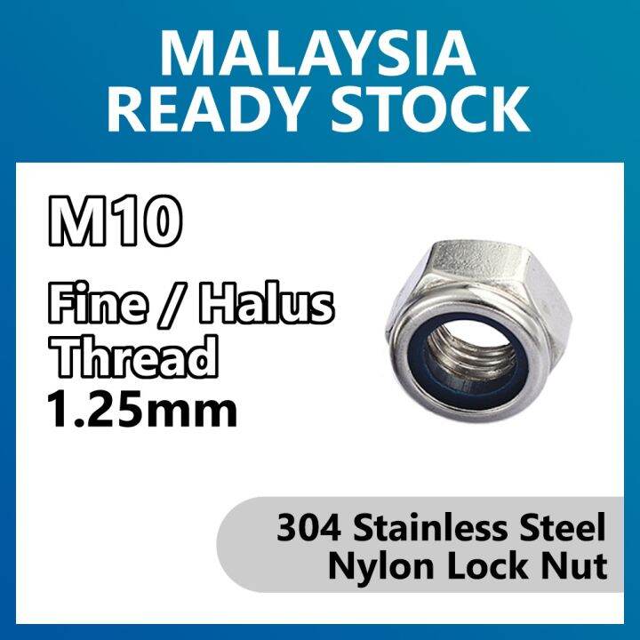 M10 x 1.25mm Fine Threaded Nylon Lock Nut 304 Stainless Steel Hexagon ...