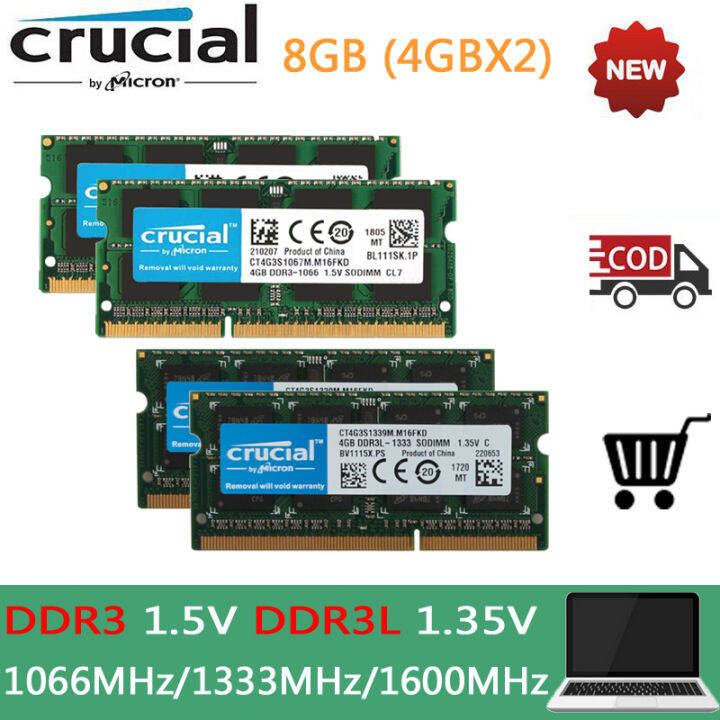 Crucial RAM DDR3 DDR3L 8GB (2 x 4GB) 1333MHZ 1066MHz 1600 SODIMM 4G 12800S 8500S 10600S 1.5V 1 ...