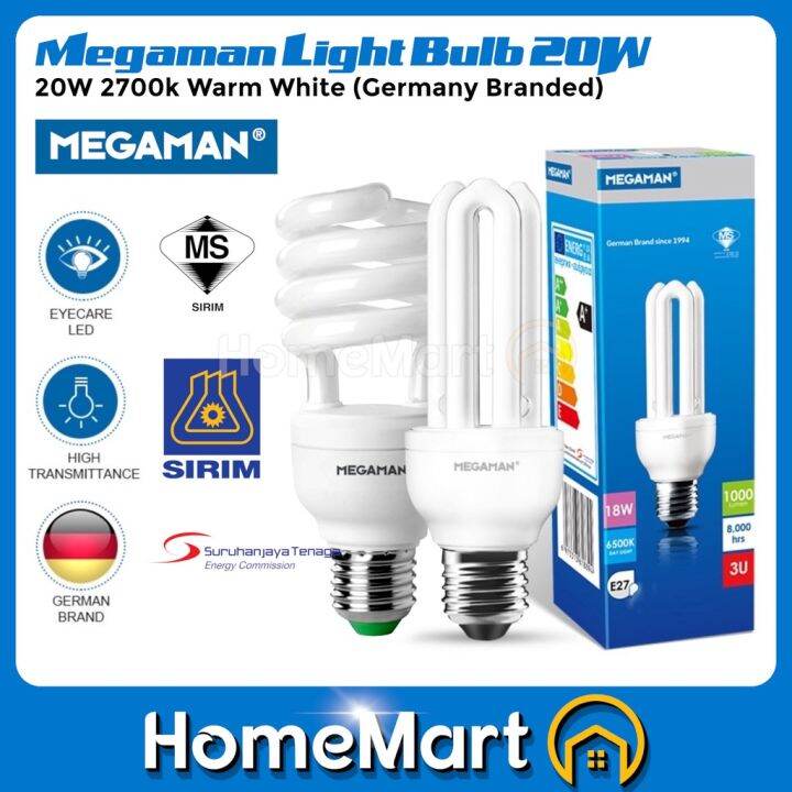 Megaman 3U Spiral Light Bulb 20W 2700k Warm White E27 Light Bulb Energy ...