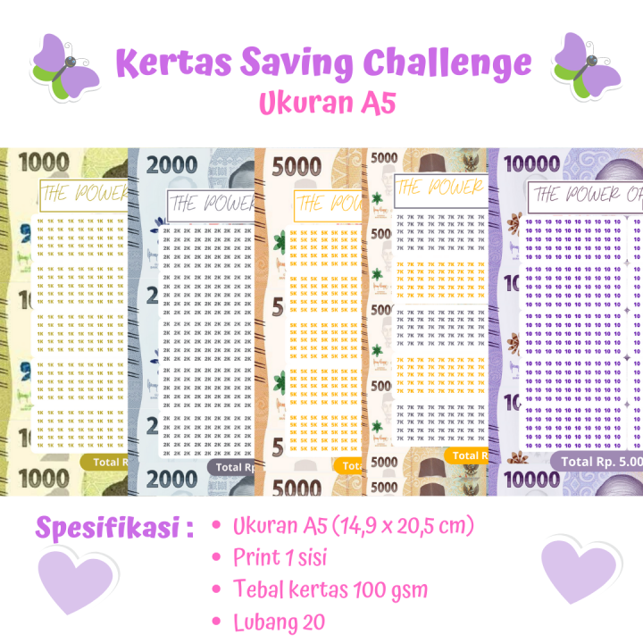 ( Isi 5) Kertas Saving Challenge Ukuran A5 / Kertas Tantangan Menabung ...