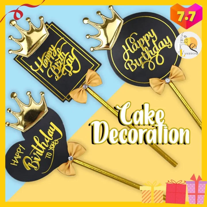 [L&L] Birthday Cake Topper Decoration Party Balck Gold Elegant Theme ...