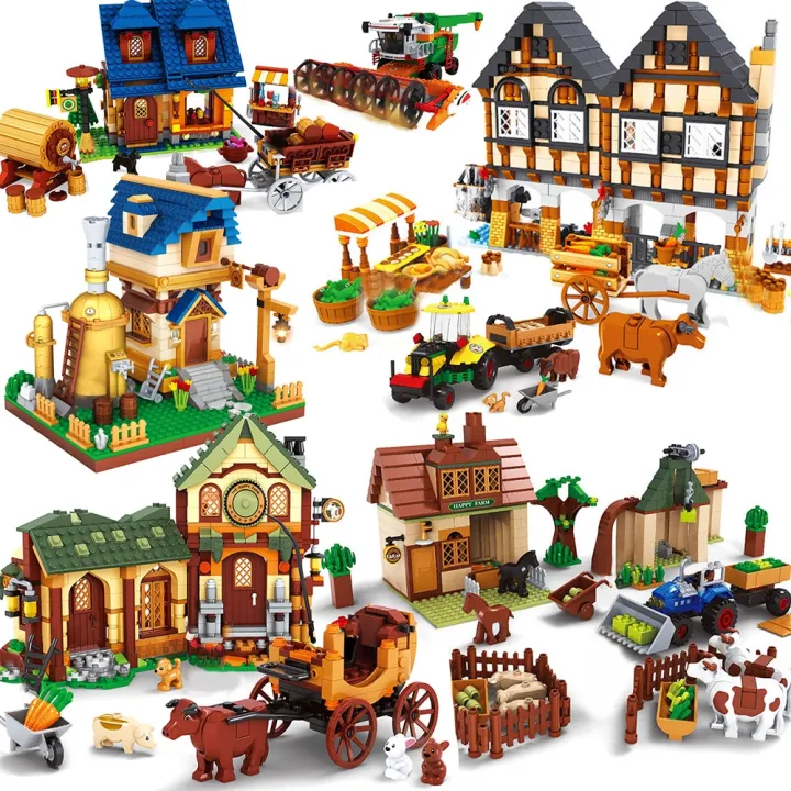 Village Architecture Farm Model Building Blocks Animals Set Harvester ...