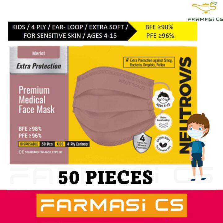 Neutrovis KIDS 4 PLY Ear Loop Premium Medical Face Mask ( Merlot ) 50 ...