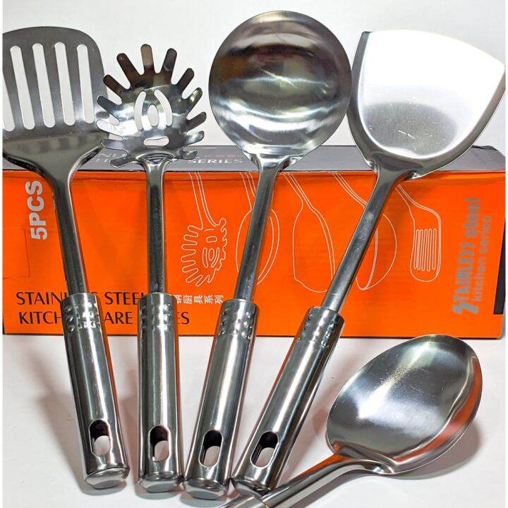 5pcs set Steel Cooking Utensils Slotted Turner Ladle Serving Spoon ...