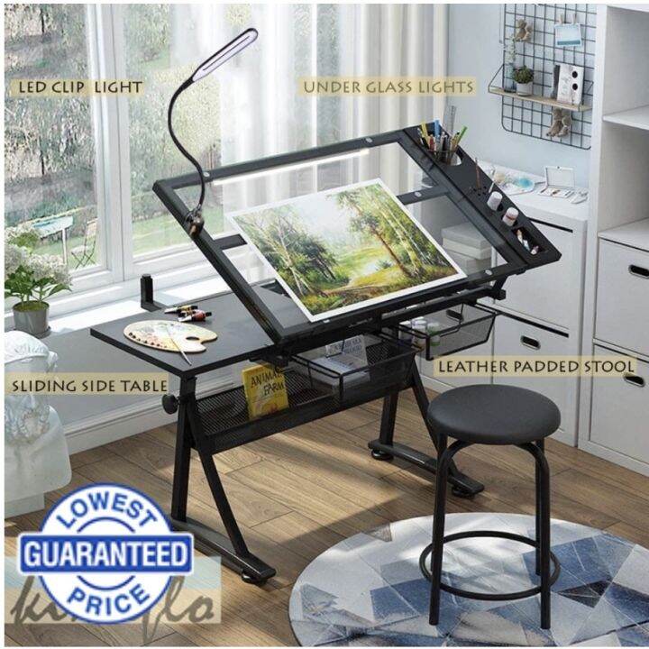 【hot Sales♡】 Drafting glass table with extra side drawers and leather ...