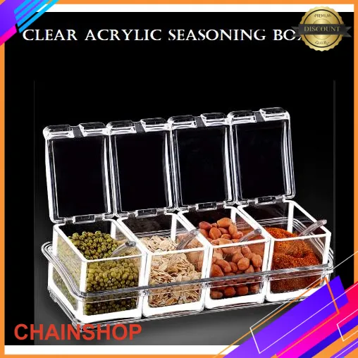CHAINSHOP Clear Acrylic Condiments Organizer Seasoning Box Crystal ...