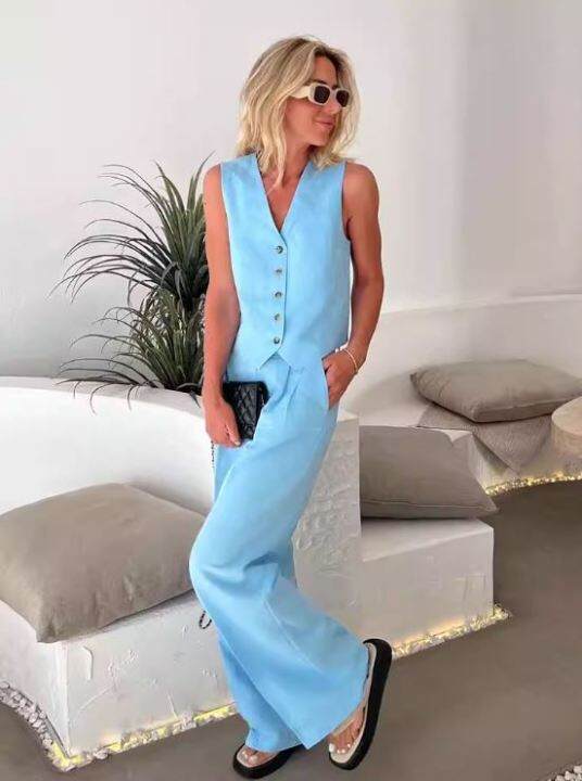 Sleeveless Terno Set Top And Pants For Women Ladies Coordinates Outfit Fashion Clothing Bkk 6930